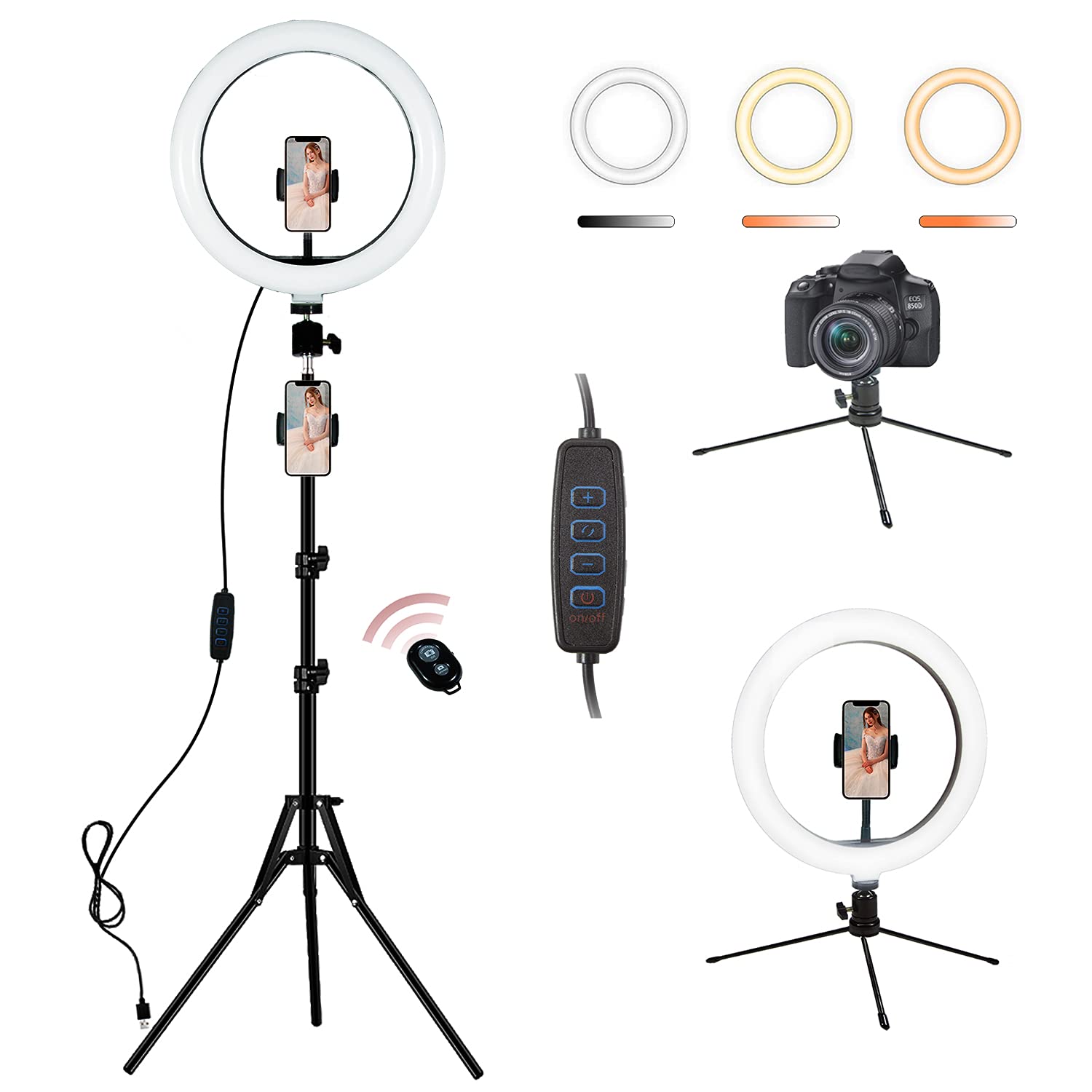 10.2" LED Selfie Ring Light with Floor Tripod 74" Tall and Desk Stand, 2 Phone Holders Dimmable Makeup Ringlight for Live Streaming & YouTube Video, Photography, Online Meeting