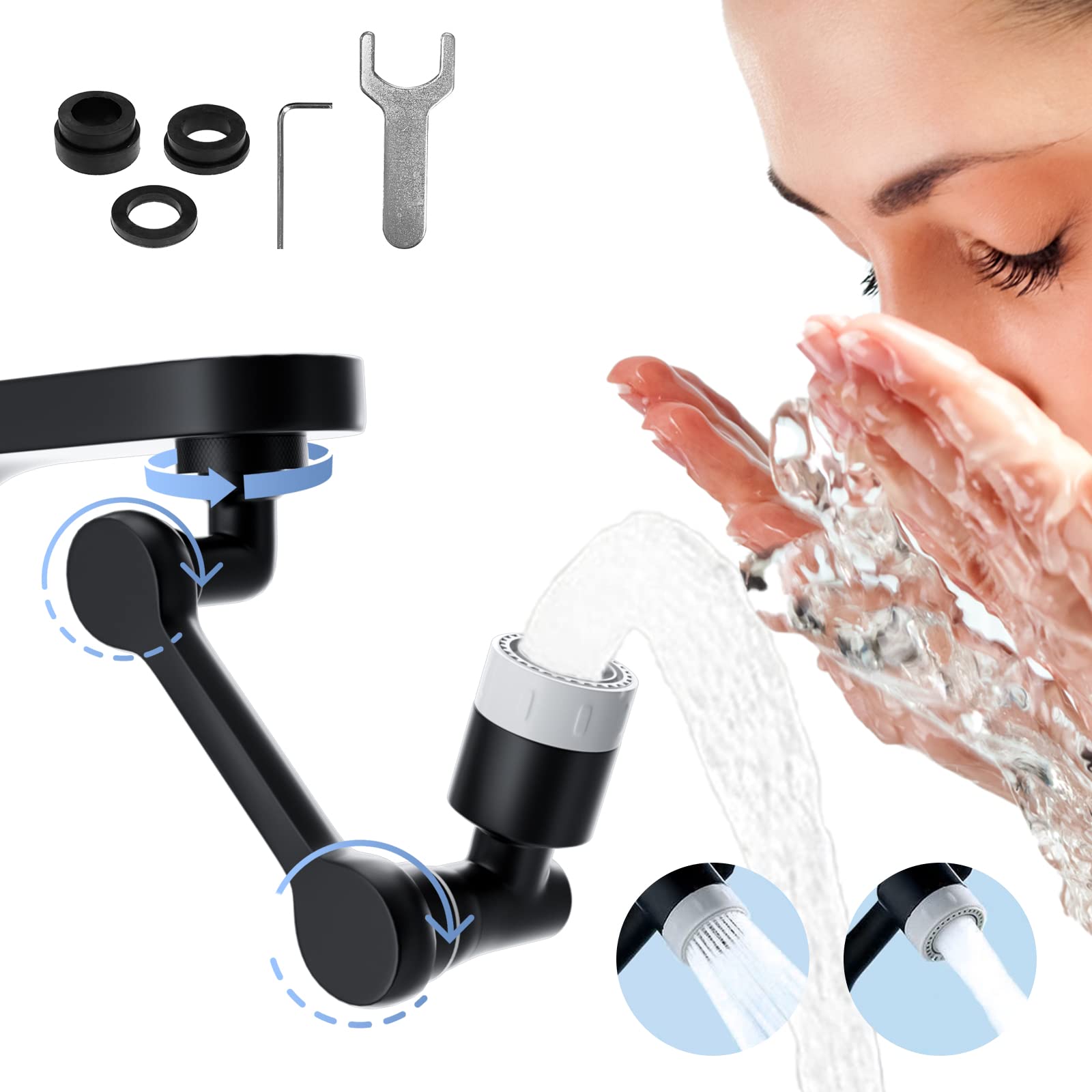 1080° Swivel Faucet-Extender Universal Sink-Water-Aerator - 2 Mode Splash Filter Extension, Kitchen Bathroom rotatable multifunctional extension faucet, Multifunctional Robotic Arm - BLACK