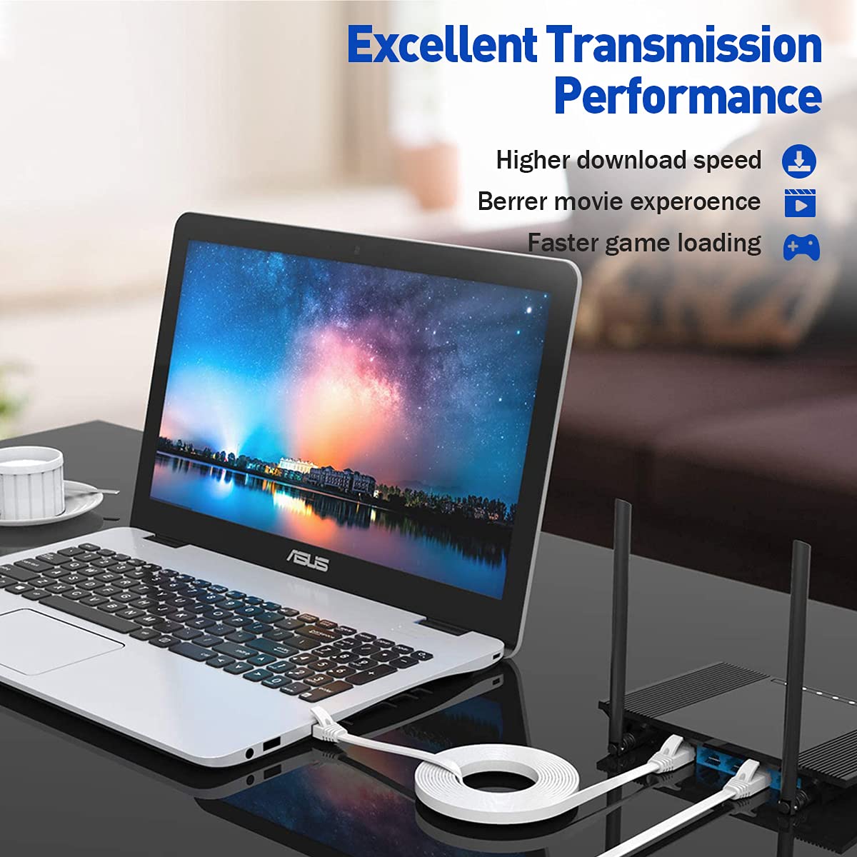 UDATON Cat 6 Ethernet Cable 100 Ft, High Speed Flat Ethernet Cable 100ft, Rj45 Internet Computer LAN Cable, Cat 6 Long Ethernet Cable for PS4,Box,Gaming Switch-White(Free Cable Clips and Straps)