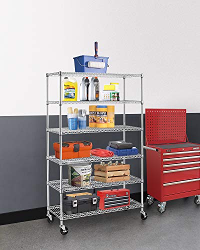 BestMassage Wire Shelving Unit Heavy Duty Garage Storage Shelves Large Metal Shelf Organizer 6-Tier Height Adjustable Commercial Grade Utility Steel Storage Rack with Wheels,18 x 48 x 72 (Chrome)