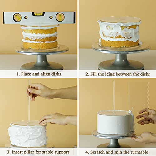 AQUIVER 8.25" Acrylic Round Cake Disk Set - Cake Discs Circle Base Boards with Center Hole (Set of 2) - 2 Comb Scrapers (4 Patterns) & Dowel Rod - Supplies for Cakes