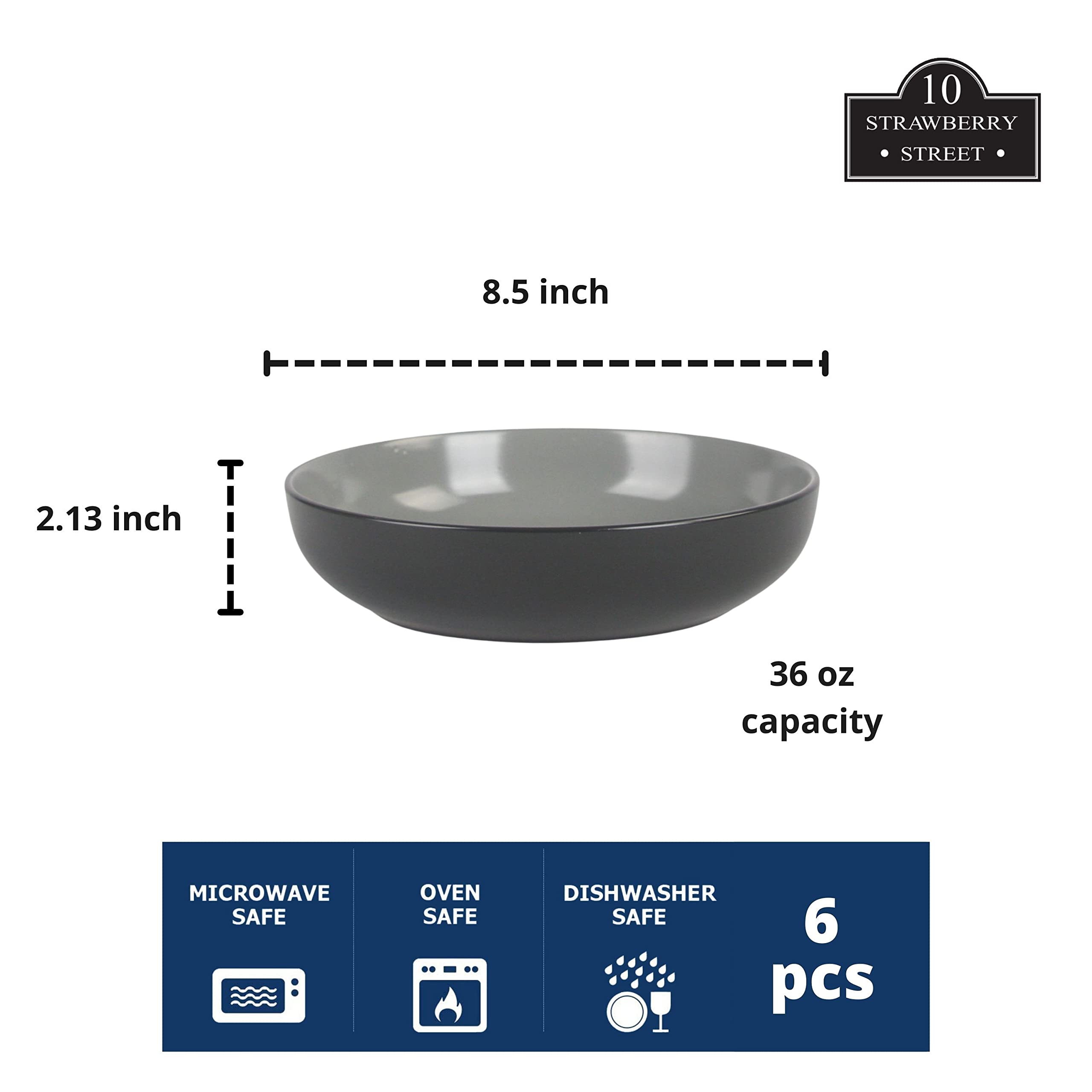10 Strawberry Street Two Tone Coupe 8.5β/36 Oz. Dinner Bowl Set Of 6, Black/White