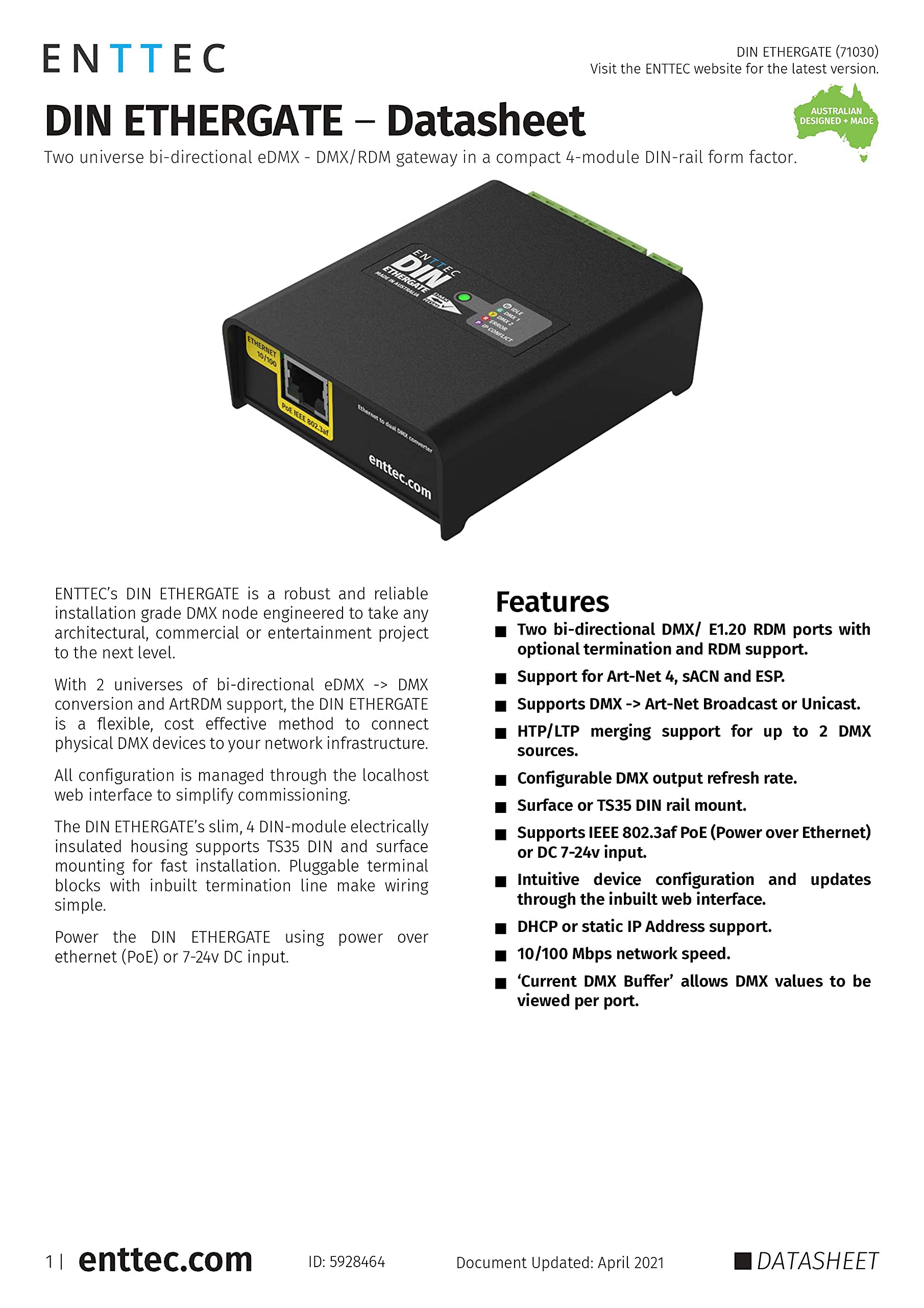 ENTTEC DIN Ethergate POE 71030 2 Universe Ethernet to Dual DMX RDM Converter, Black