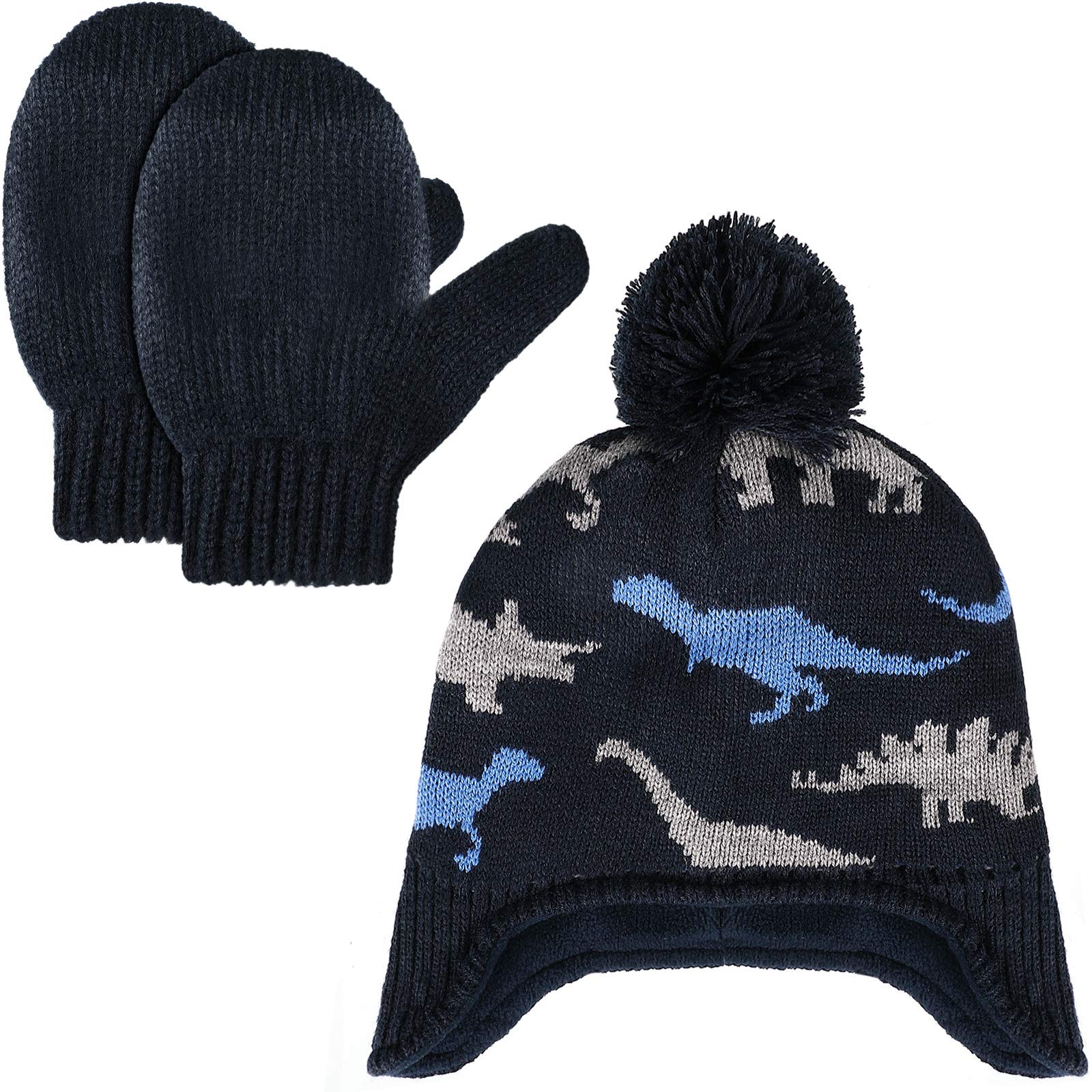 Boys Winter Hat Mitten Gloves Set Toddler Warm Beanie Earflap Baby Knit Fleece Lined Hat (Navy Blue,4-5 Years Old)