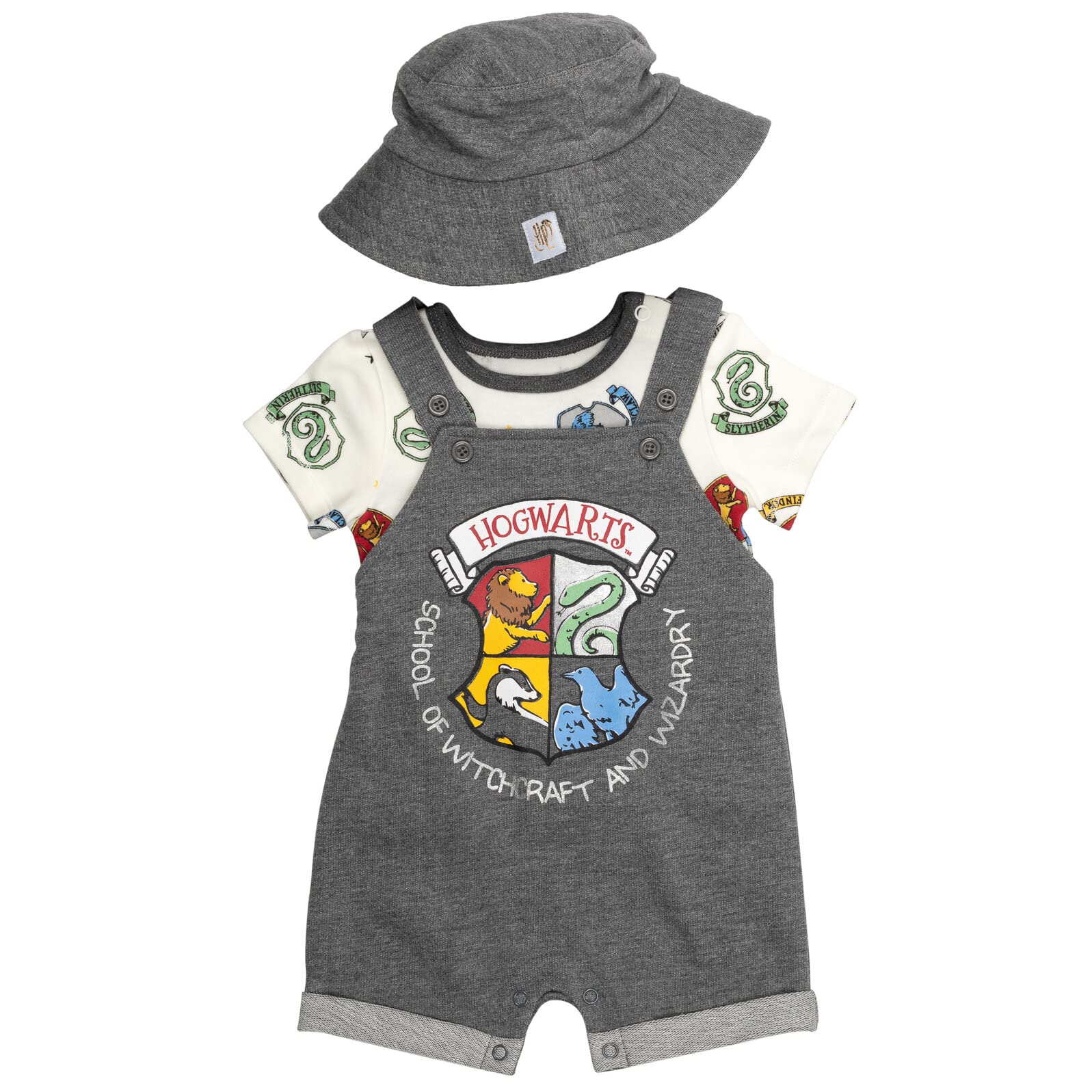 Harry Potter Hogwarts Newborn Baby Boys French Terry Short Overalls T-Shirt and Hat 3 Piece Outfit Set 3-6 Months