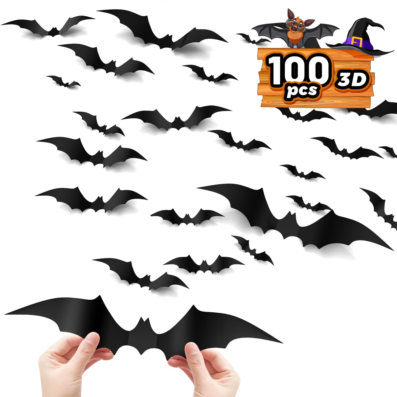 100 PCS Bats Decoration,3D Bat Room Wall Decor,4 Sizes Waterproof Black Spooky PVC Bats Stickers for Room Décor Halloween Party Supplies