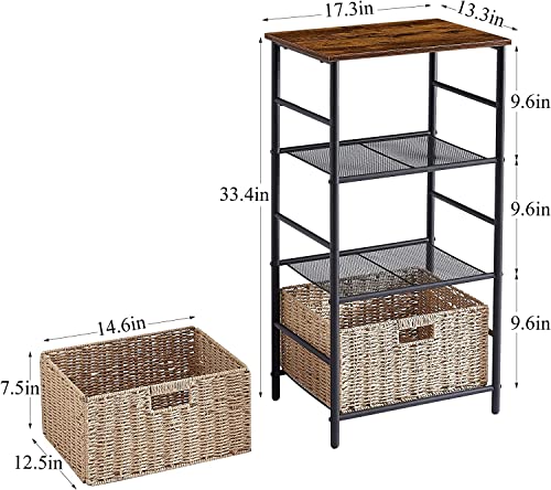 VECELO Tall End/Side Table with 2 Wicker Basket Storage Shelf Telephone Stand for Living Room, Bathroom, Bedroom, Office, Entryway, Easy Assembly, 3-Tier, Brown