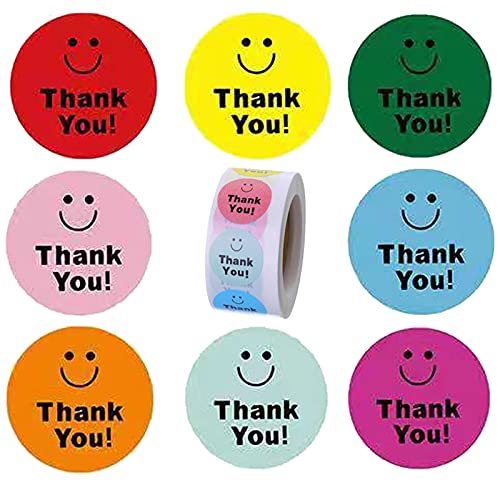 500pc Round Thank You Paper Stickers - Smile Face Design, 1 inch and 8 Colors Sticker, Great for Gift Shop, Bake Shop Decoration, Kid’s Birthdays, Weddings, Party or Small Business