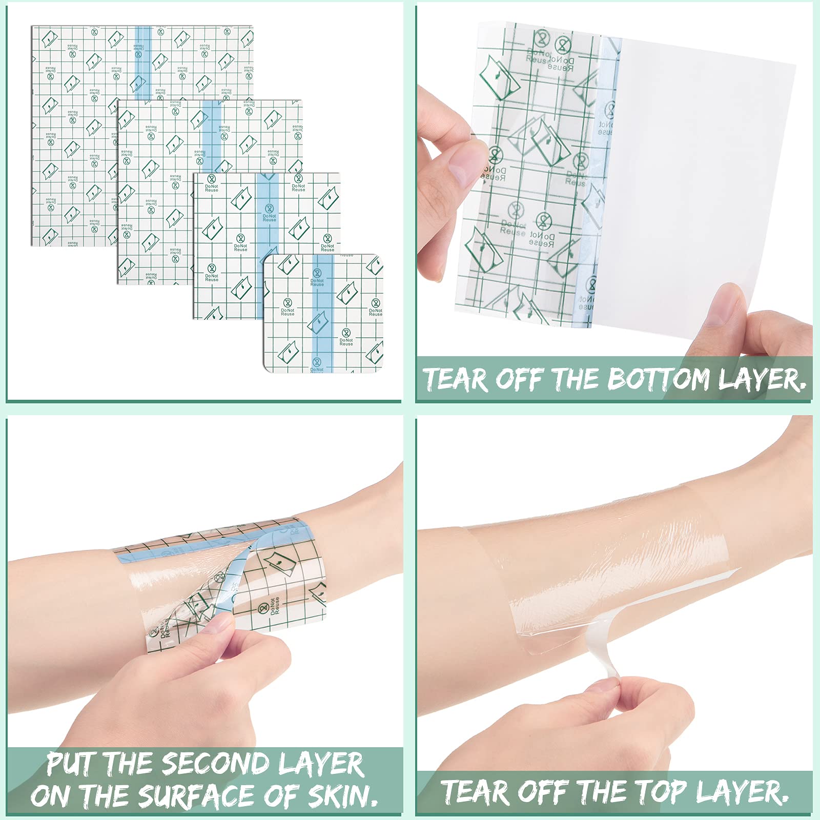 BBTO 100 Pieces Transparent Stretch Adhesive Bandage Waterproof Clear Protective Shower Patch Film Cover Bandages Tattoo Cover up Adhesive Wrap, 4 Sizes(3, 4, 6, 8 Inch)
