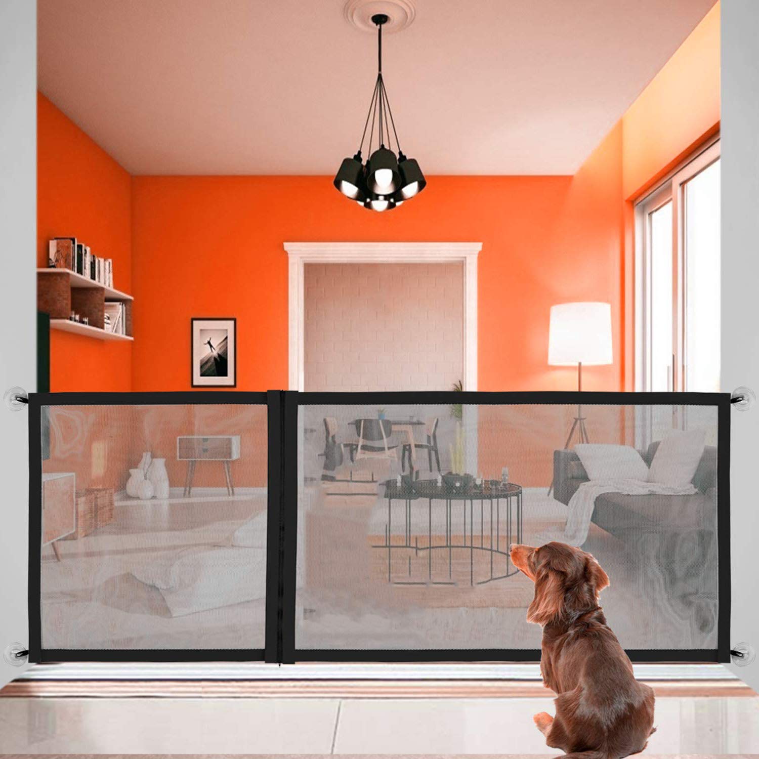 Dog Magic Gate, Mesh Pet Gates for Dogs,Adjustable Zip Design Portable Folding Safety Gate,70.9"/43.3"/27.6" Easy Install Anywhere
