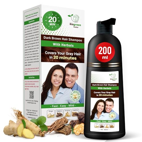 BIOGREEN ROOTS Ammonia-Free Herbal Hair Shampoo - Effectively Covers Gray Hair for Men and Women - Natural Color and Herbal Nourishment - No Stain on Skin - Dark Brown (200 ml)
