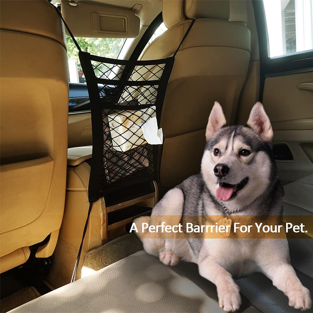 Dog Car Net Barrier with Auto Safety Mesh Organizer Baby Stretchable Storage Bag Between Seats Universal for Cars, SUVs -Easy Install,Safer to Drive with Children and Pets… (3 Layers)