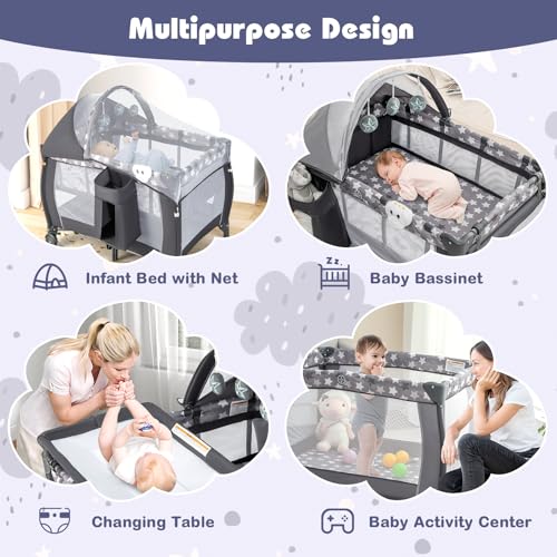 HONEY JOY Pack and Play with Bassinet, 4-in-1 Portable Baby Playard with Changing Table, Net & Cute Toys, Diaper Storage Bag, Music Box, Wheels with Brake, Foldable Newborn Play Yard w/Carry Bag