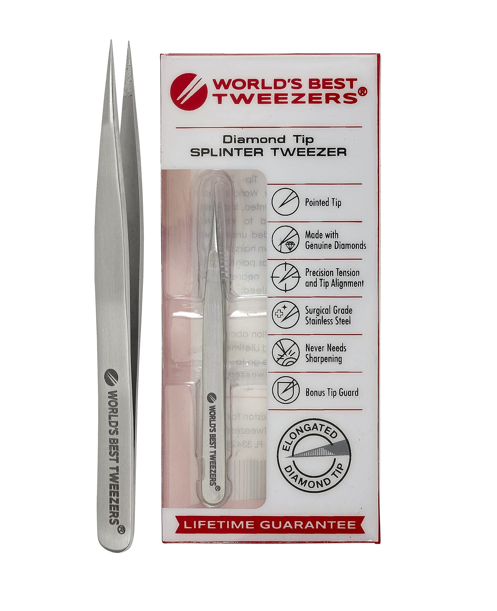 World's Best Tweezers Splinter Out Needle Nose Tweezers - High Precision Fine Point Stainless Steel Tweezers for Ingrown Hair, Ticks, Glass Removal - Diamond Tip Professional Tool for Face & Eyebrows
