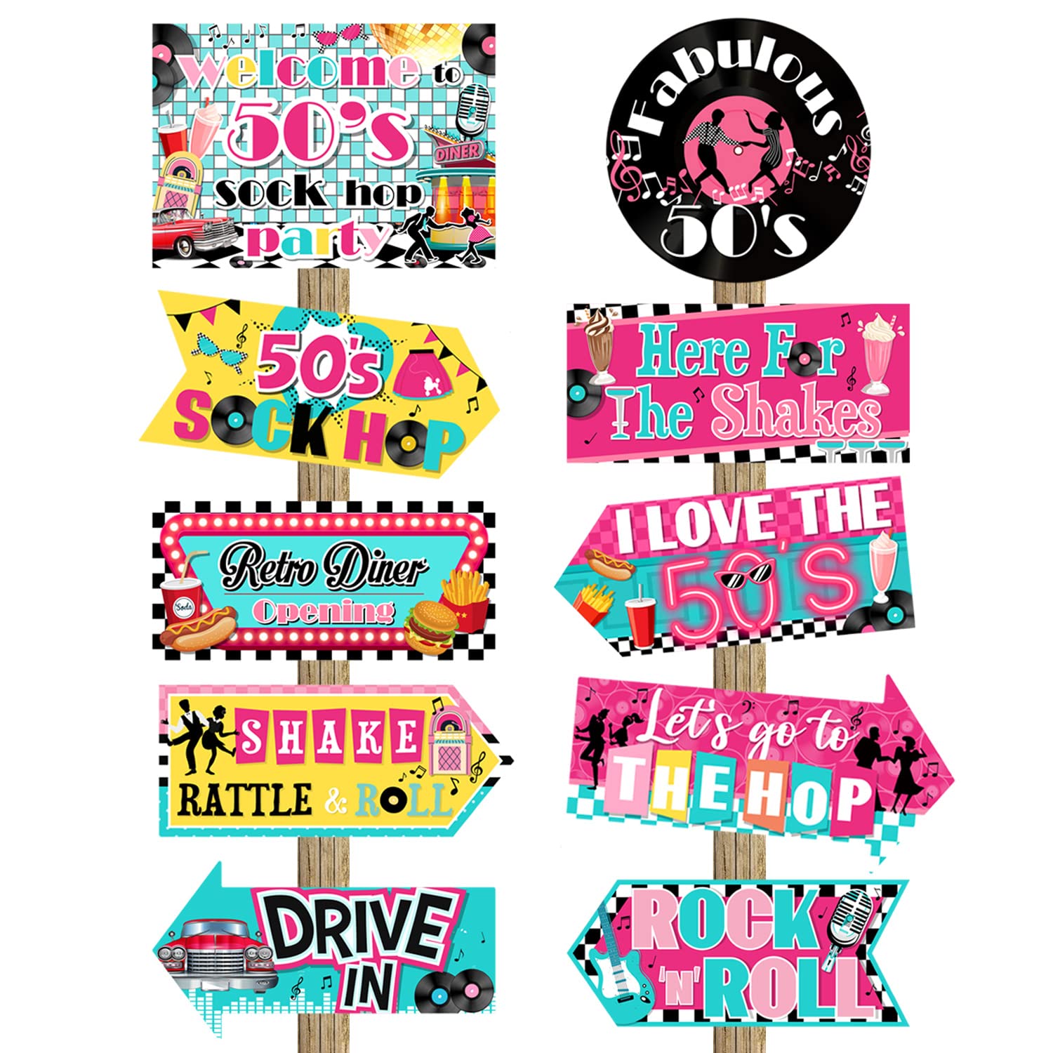 20 Pcs 50s Party Sign Rock and Roll Music 50s Party Decorations Sock Hop 50s Decor 50s Theme Party Supplies Colorful Retro 50s Room Decor Home Sign Cutouts Retro Props for 1950s Adult Birthday Party