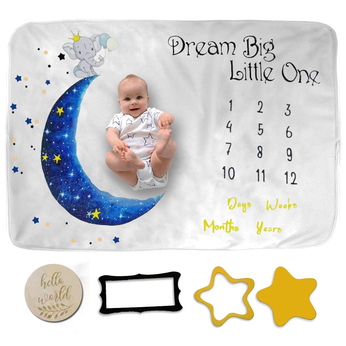 Baby Milestone Blanket Boy and Girl- Elephant and Moon Design, Baby Boy Gifts, Nursery Decor Baby Shower, Newborn Baby Blanket, Baby Growth Chart Blanket, Baby Milestone Blanket 50x40