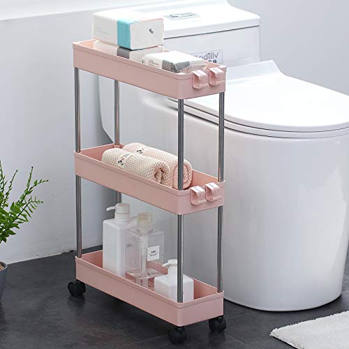 DILUOOU 3 Tier Slim Storage Cart, Mobile Shelving Unit Organizer Slide Out Rolling Storage Racks with Wheels, for Kitchen Bathroom Laundry Room Narrow Places,Pink