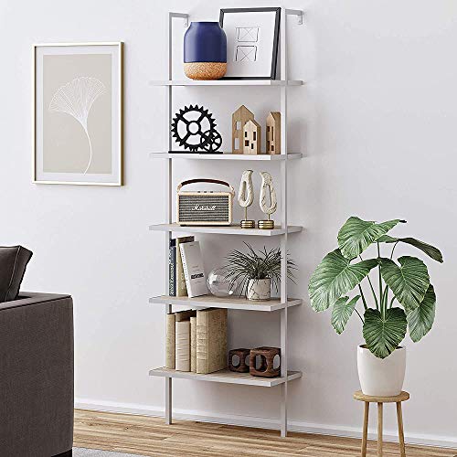 5-Shelf Industrial Ladder Bookcase with Metal Frame,Rustic Display Vintage Pipe Bookshelf,Open Storage Rack Plant Flower Stand for Home Decor,Living Room Kitchen Office Furniture (White)