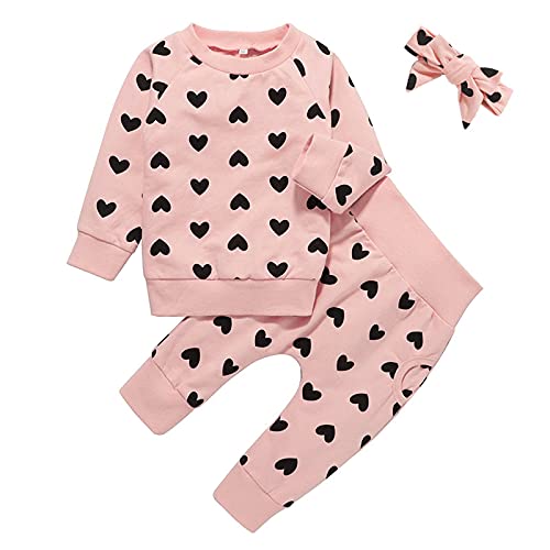 Dimoybabe Baby Girl Clothes Toddler Fall Winter Outfits Set Long Sleeve Ruffle Shirts Tops + Pant + Headband 3pcs 0-6 Months, Pink, Black