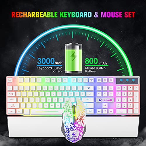 Rechargeable Wireless Keyboard and Mouse Combo with Wrist Rest Rainbow Backlight Mechanical Feel Gaming Keyboard RGB Crack Gamer Mouse Large Mice Pad for Windows PC and Desktop