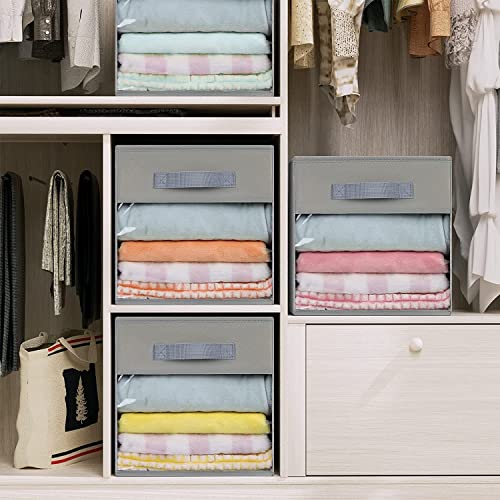 DIMJĀ Cube Storage Bins, 3 Packs Clear Window Fabric Storage Bin Organizer for Closet Shelves Home Storage Cubes Organizer with Handles