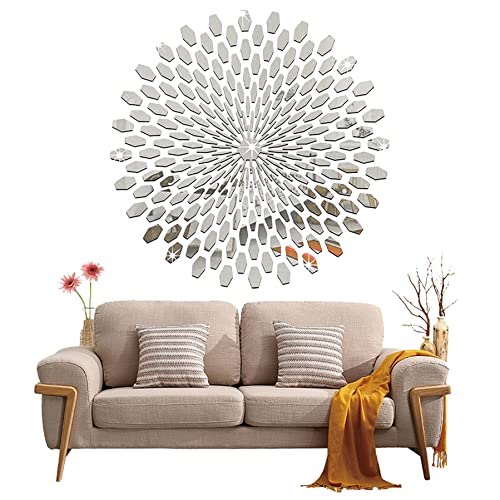 3D Sun Flower Mirror Wall Stickers Acrylic Mirror Wall Decals DIY Removable Sun Pattern Modern Mirror Surface Wall Decor for Bedroom Living Room Office TV Background Home Decoration Silver