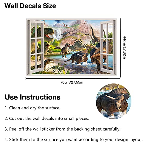 3D Watercolour Dinosaur World Fake Windows Wall Sticker,Peel and Stick Removable Decals for Kids Nursery Bedroom Playroom Living Room Decoration(27.55"x17.32")