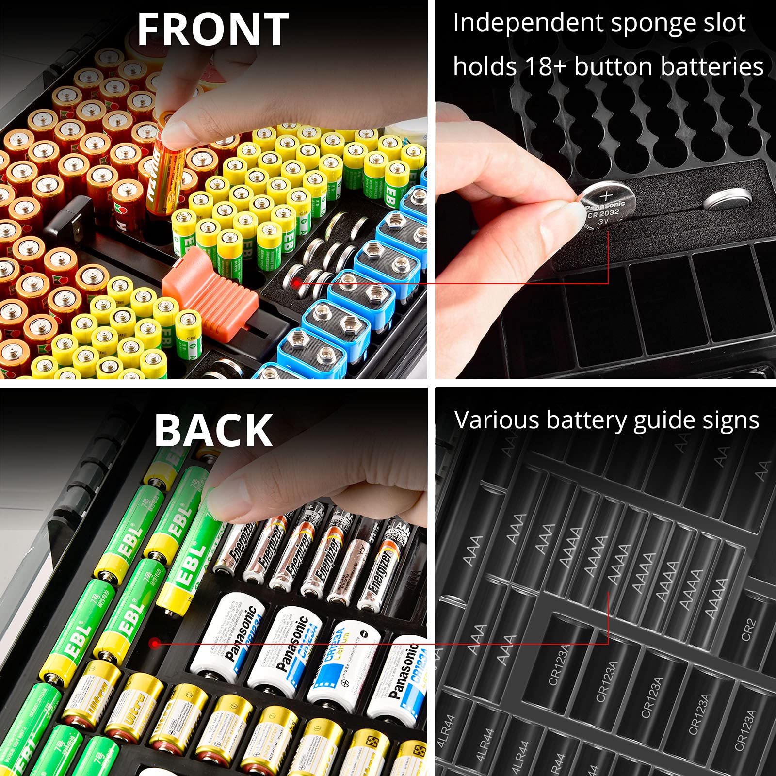 Aptbyte Battery Organizer Storage Holder Box Case with Tester- 269 Batteries Double-Sided Variety Pack, Holds AA AAA 4A C D Cell 9V 3V Lithium LR44 CR2 CR123 CR1632 18650 Button- Grey