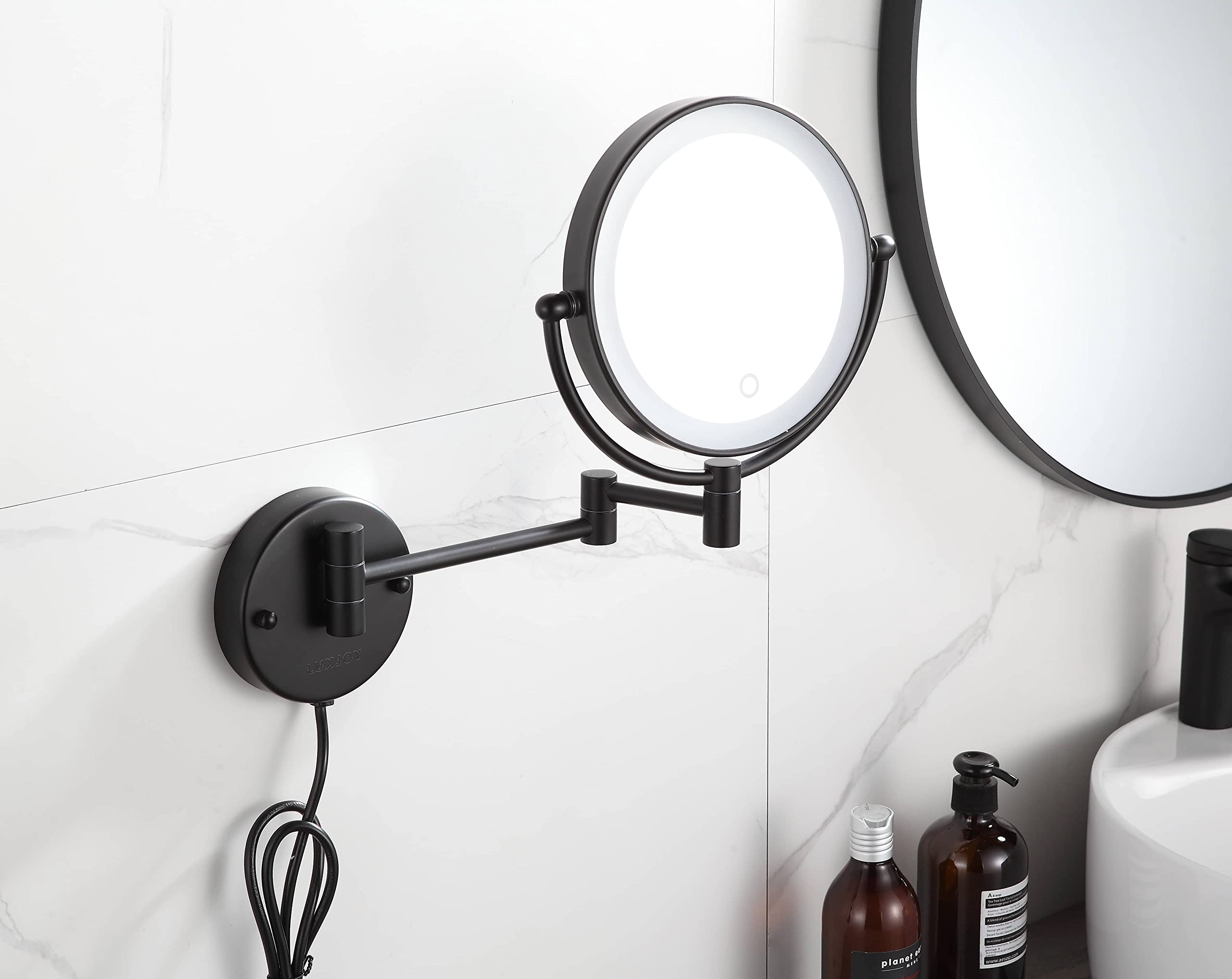 Wall Mounted Lighted Makeup Vanity Mirror 8 Inch Double Sided 1X 10X Magnifying Bathroom Mirror, Touch Screen Dimming, Extended Arm 360 Rotation Shaving Light up Mirror, Black