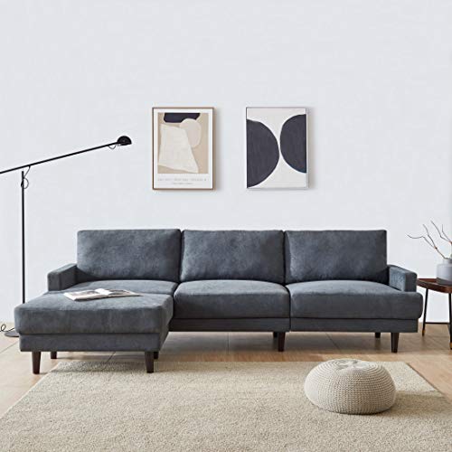 JULYFOX Dark Gray Fabric Sofa with Convertible Ottoman, L-Shaped 3-seat Corner Couch with Reversible Chaise Lounger Polyester Fabric for Living Room Office Club Small Spaces