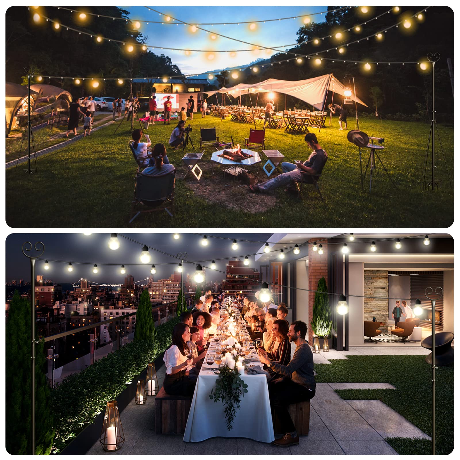 2022 Upgraded String Light Poles for Outdoor (2x10 FT) Heavy Duty Outside Light Poles Sturdy Steel Pole Stand Hooks to Hang Lights for Garden Backyard Patio Wedding Party Deck Birthday Decorations