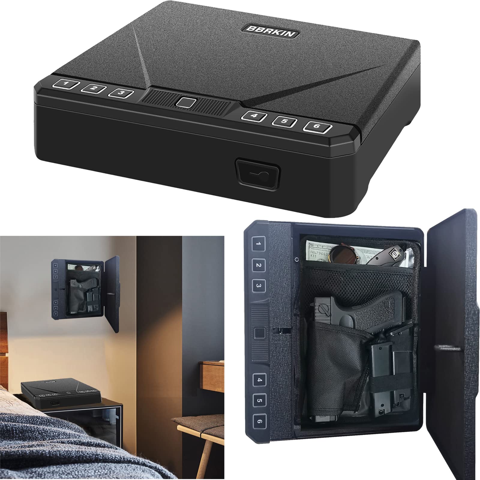 Biometric Gun Safe for Pistols, Wall Mounted Fingerprint Handgun Safe Lock Box for Bedside Car Nightstand Drawer Closet -with Security Cable/Light/Safe Organizer