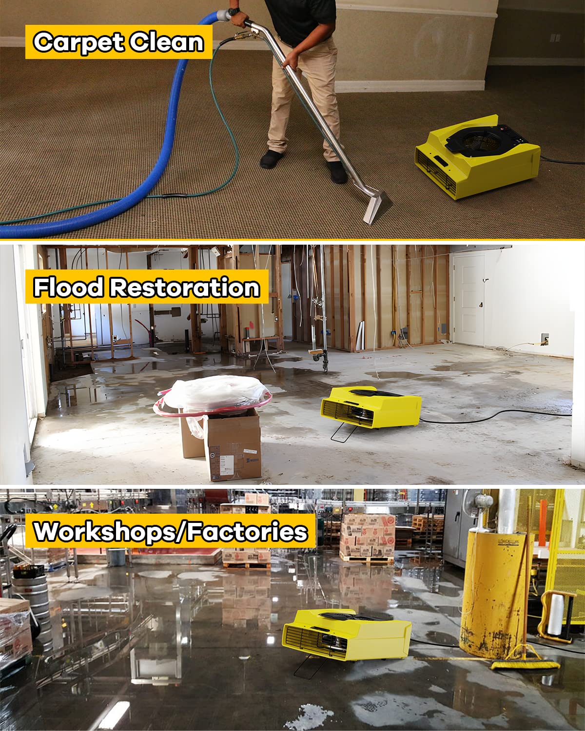 AlorAir 4 Pack Zeus 900 Air Mover Commercial Blower for Carpets, Walls, Plumbing Use, Variable Speed Floor Blower Fan, 950 CFM with 1.8 Amps, Circuit Breaker Protection, on-Board Duplex GFCI, Yellow