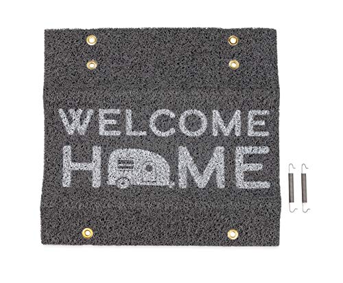 Camco 53196 Life is Better at The Campsite RV Wrap Around Step Rug, Fits 18-inch Wide Steps - for Manual and Electric RV Steps - Features a Gray Mat with a White Welcome Home Retro RV Print