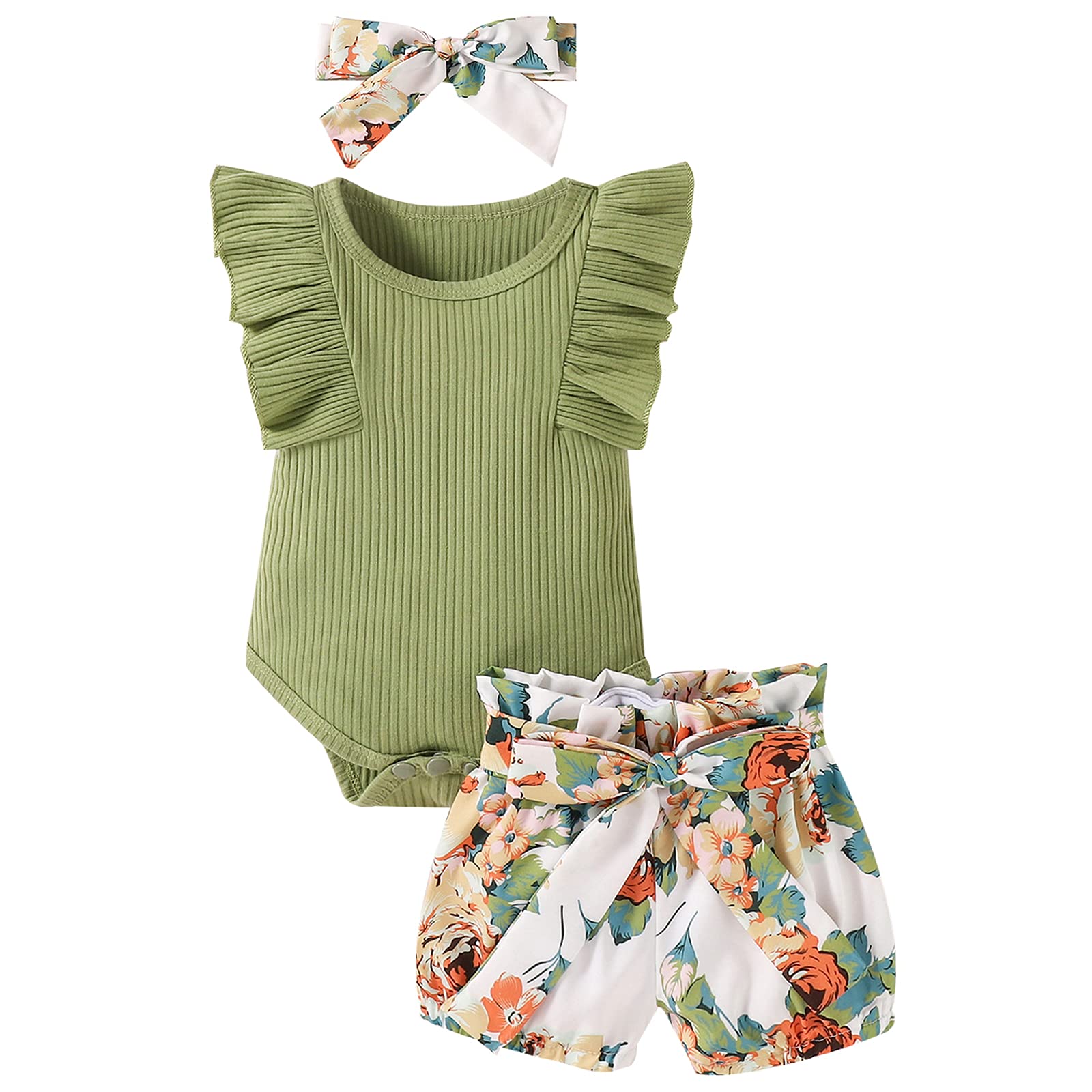 Baby Girl Clothes Infant Summer Outfits Set Ruffle Sleeve Romper Floral Pants 3PCS Bodysuit +Shorts +Headband (Green, 0-3 Months)