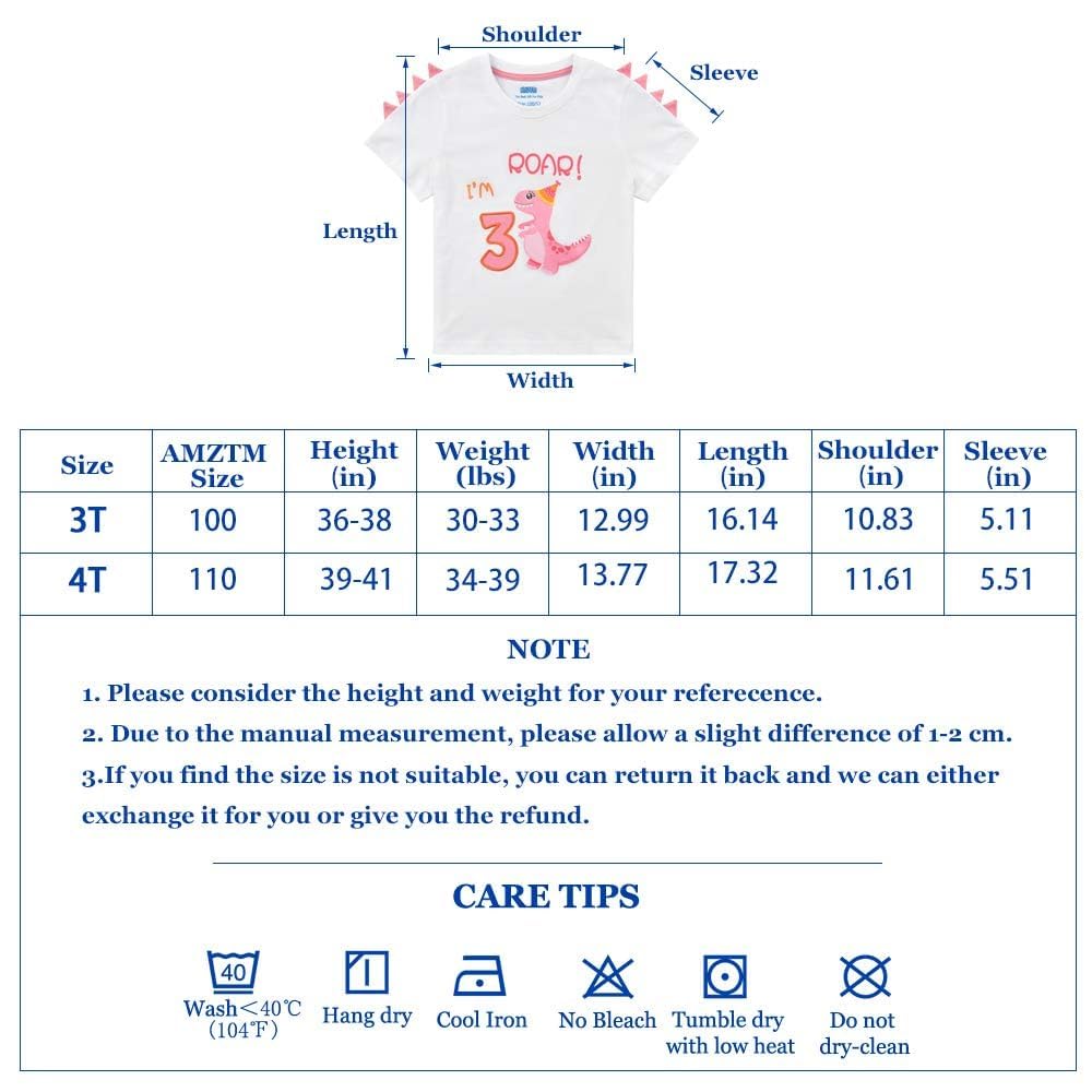 AMZTM 3rd Birthday Girl T-Shirt Dinosaur Party B-Day Themed Tee Gift for Toddler (US, Age, 4 Years, White)