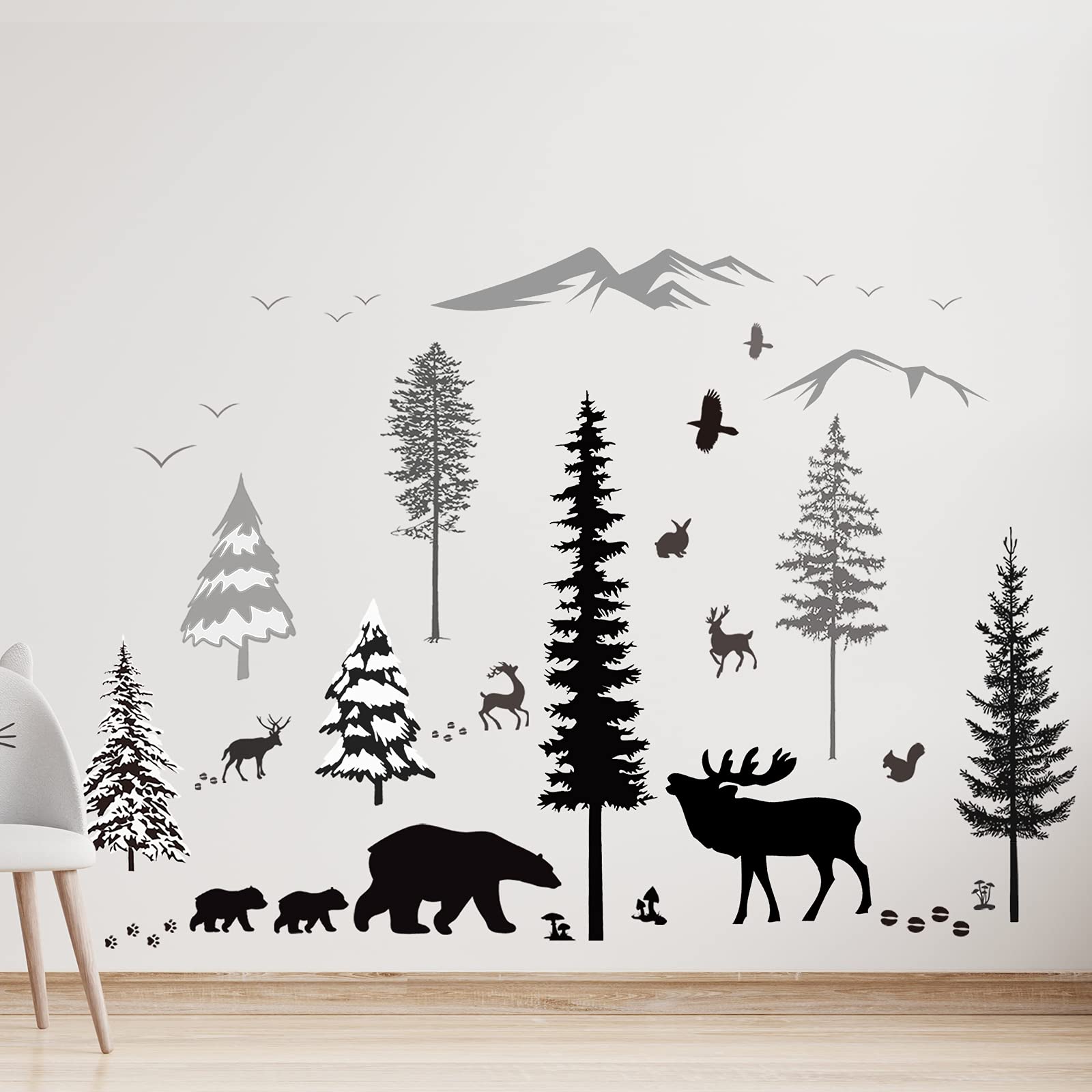 Woodland Nursery Decor Tree Wall Decals Mountain Forest Animal Bear Deer Wall Stickers Forest Wall Mural Sticker Removable Wall Decals for Kids' Room Bedroom Nursery Living Room