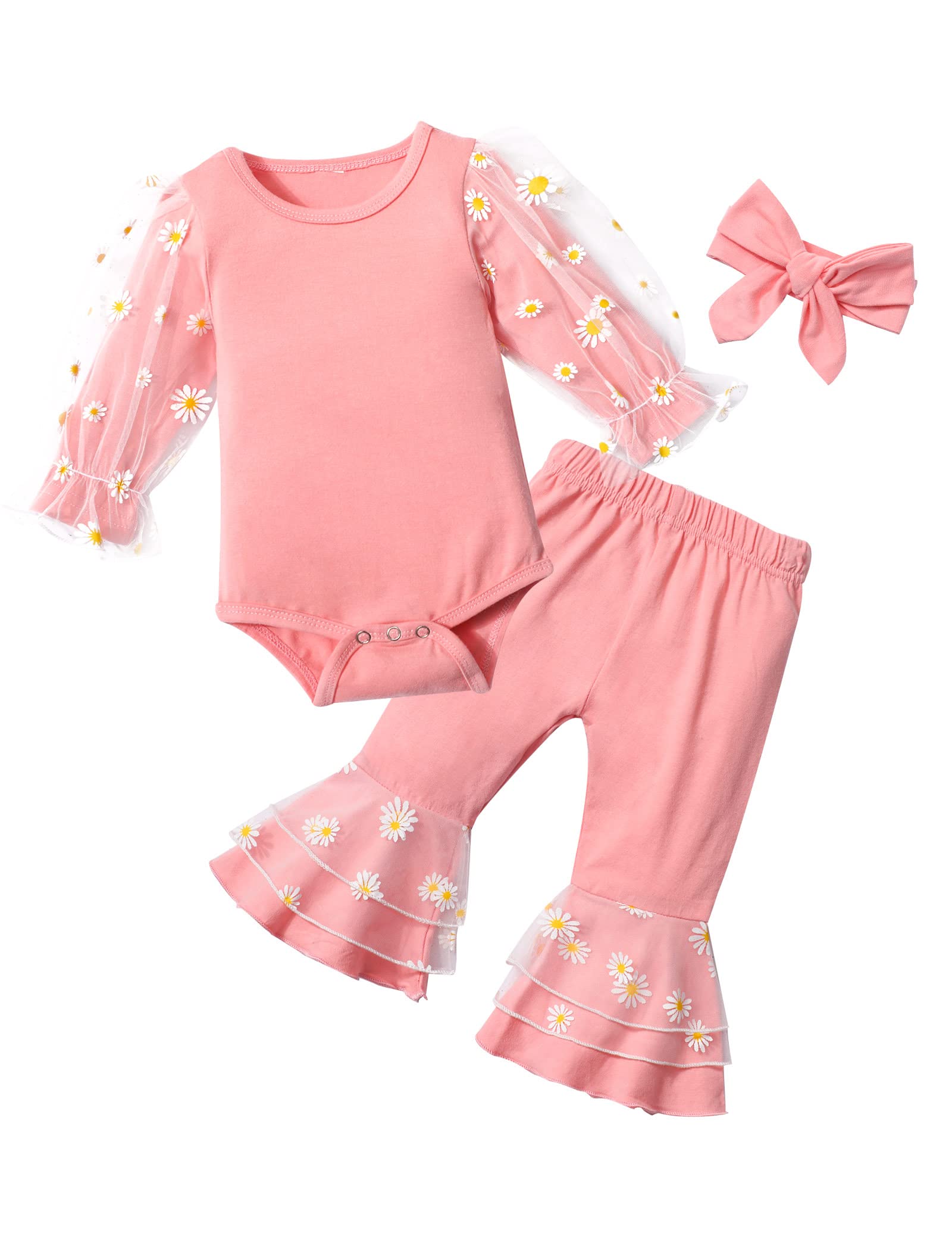 Baby Girl Outfit 3-6 Months,Baby Girl Bell Bottoms Mesh Daisy Outfits Long Sleeve Romper + Flare Pants + Headband 3Pcs Baby Girl Outfits Pink