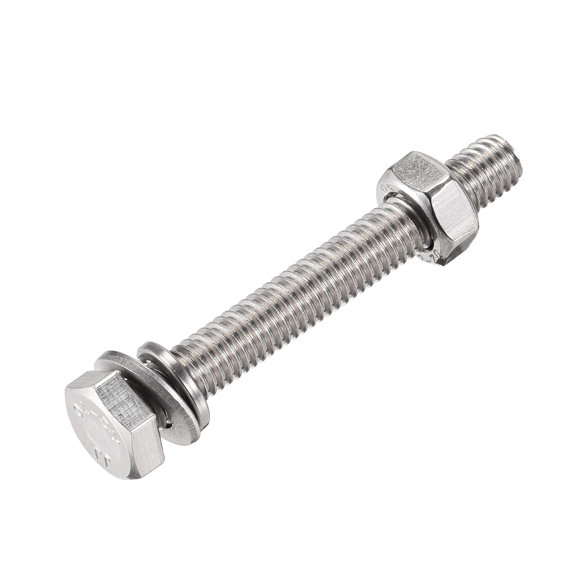 uxcell M6 x 50mm Hex Head Screws Bolts, Nuts, Flat & Lock Washers Kits, 304 Stainless Steel Fully Thread Hexagon Bolts 6 Sets