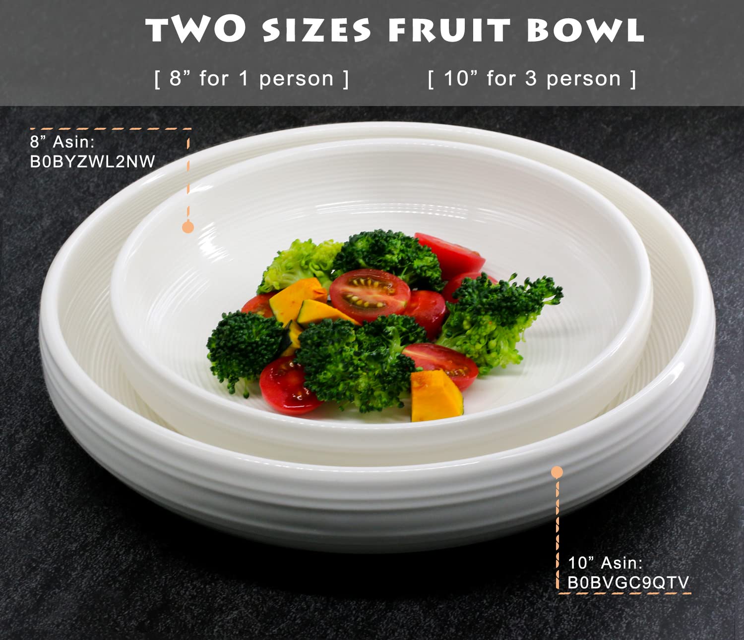 10-inch Large Ceramic Fruit Dish,Anti-Slip Edge Classy & Solid,60 oz white Porcelain Salad Plate, Serving bowl for Fruit,Salad, Veggies, Dessert, Appetizer (10"Large)