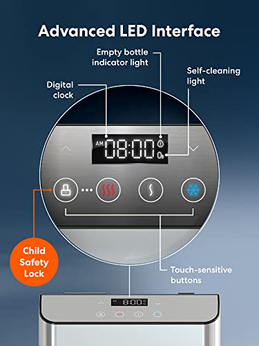 Brio Moderna CLBL720SC Self-Cleaning Bottom Load Water Cooler Dispenser for 3 & 5 Gallon Bottles – Room & Adjustable Hot & Cold, Child Lock, Electronic Display, Silver Stainless Steel