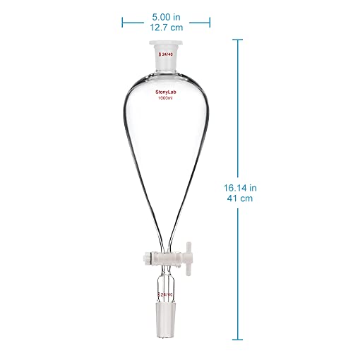 stonylab Separatory Funnel with PTFE Stopcock, 1000 ml Conical Pear-Shaped Heavy Wall Borosilicate Glass Separating Funnel with 24/40 Joints