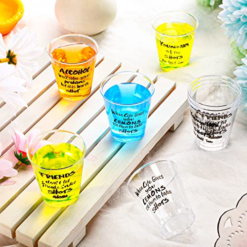 100 Pcs Plastic Shot Glasses 2 oz Disposable Cups Bulk Clear Plastic Sample Cups Transparent Small Tasting Cups Wine Whiskey Container Fun Design for Party Birthday Supplies Wedding, 4 Styles