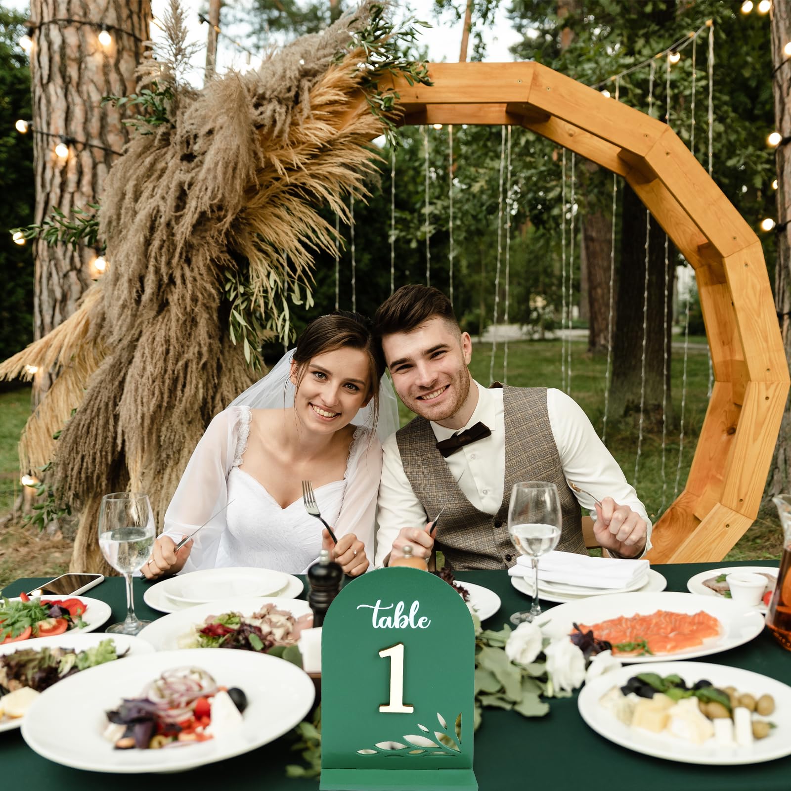 10 Pcs Wedding Table Number Wooden Arch Wedding Reception Number Centerpiece Set 5" X 7" Tables Number Sign with Wooden Base Rustic Country Wedding Olive Green Wedding Party Decor