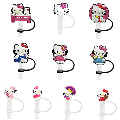 10pcs Drinking Straw Covers Cap, (Cute Cartoon Cat) Reusable Drinking Straw Tips Lids, Straw Toppers for Tumblers, Portable Cute Straw Tips Covers, Dust Proof Plugs Cap Protector 2D Style 7