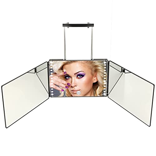 angilifan 3 Way Mirror for Hair Cutting, 360° Illuminated Trifold Makeup Mirror for Self Hair Styling, Adjustable DIY Haircutting Tool to Trim or Shave (with led)
