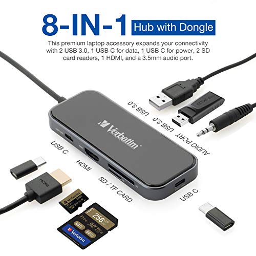 Verbatim 8-in-1 USB C Hub Adapter - 100W Power Delivery, 2 USB 3.0 Ports, 1 USB C, SD Card Readers, 3.5mm Audio Port for USB C Laptops + 6FT Monster 4K Ultra HDMI Cable