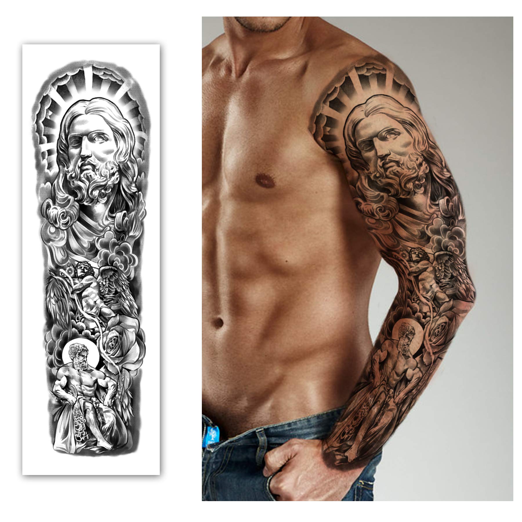 Waterproof Full Arm Temporary Tattoos 8 Sheets and Half Arm Shoulder Tattoo 8 Sheets, Extra Large LastingTattoo Stickers for Men and Women (22.83"X7.1")