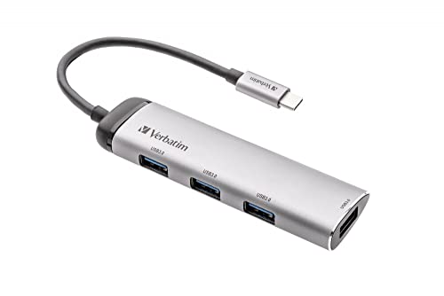 Verbatim USB-C Multiport Hub, USB C Adapter Made Aluminum for Laptops MacBooks and Smartphones, Multimedia Adapter Plug with Four USB 3.2 Gen 1 Ports, Silver
