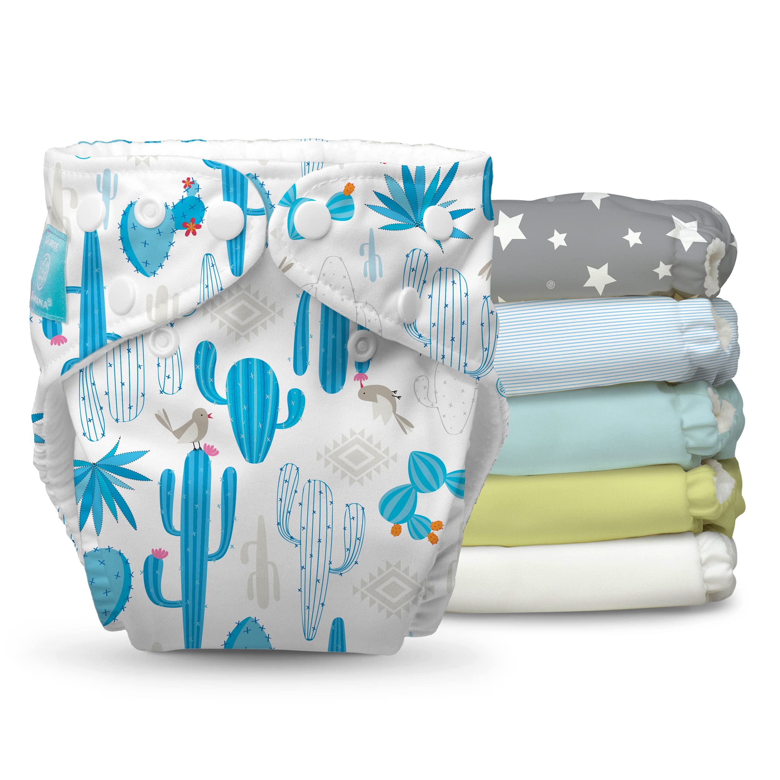 Charlie Banana Baby Washable and Reusable Cloth Diapers, 6 Soft Pocket Diapers and 12 Absorbent Inserts, One-Size, Cactus Star